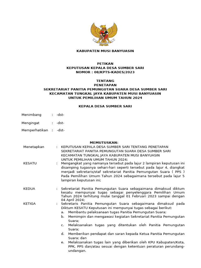 Contoh Petikan SK Sekretariat Pps Pemilu 2024 | PDF