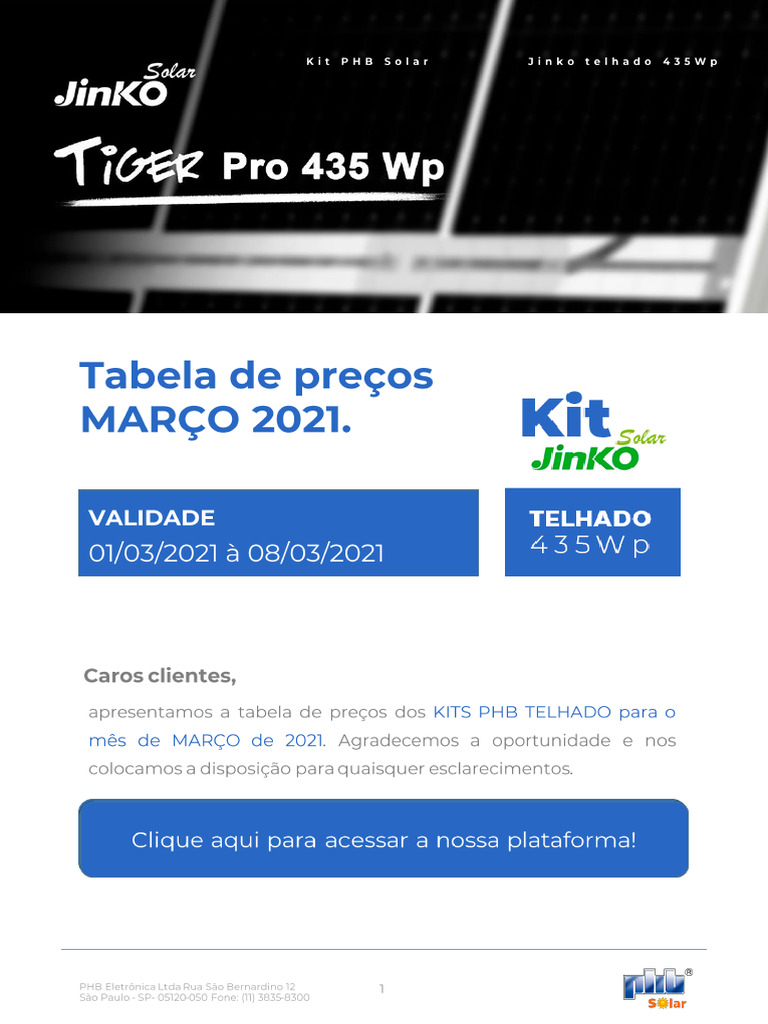 TABELA PRECOS KITS PHB SOLAR - TELHADO - MARÇO 01 - 08 JINKO 435W | PDF