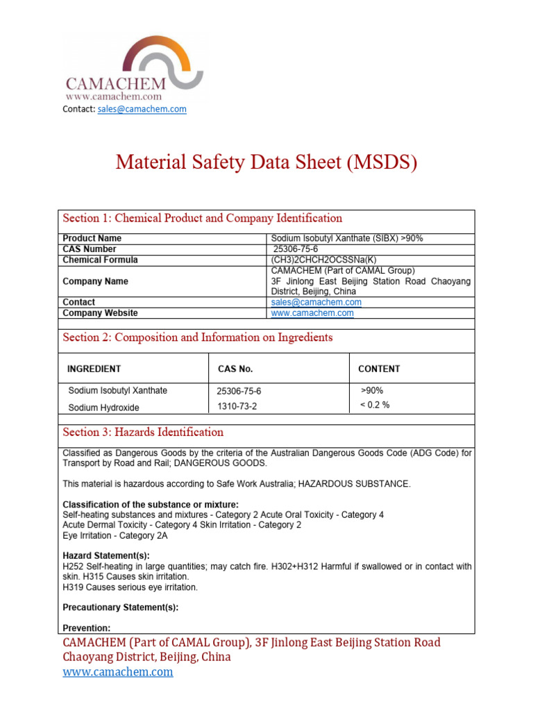 Camachem Sodium Isobutyl Xanthate SIBX 90 SDS MSDS | PDF | Dangerous ...