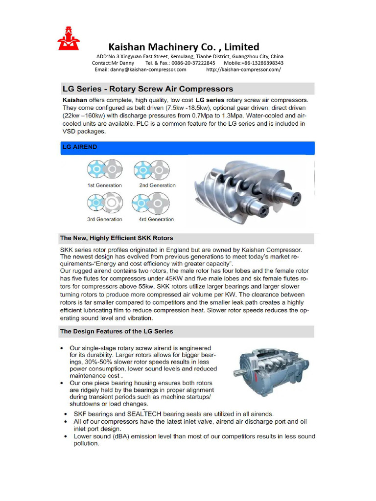 Kaishan LG Series Screw Compressor Data Sheet-2024 | PDF | Turbomachinery | Energy Technology