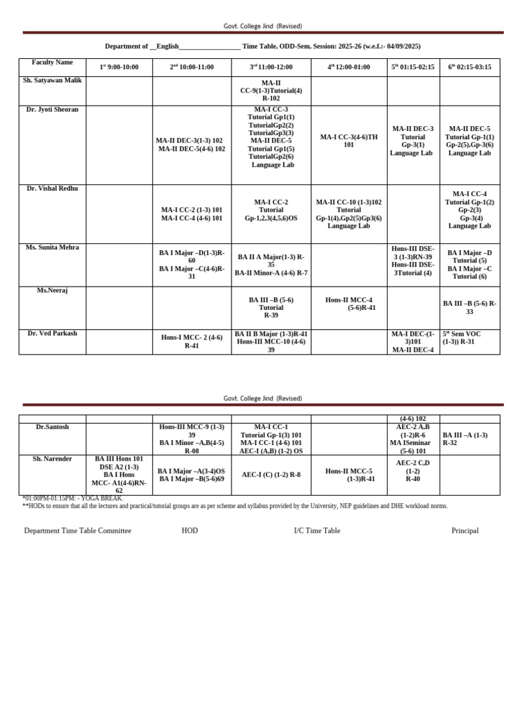 Time Table English 04.09.2025 | PDF