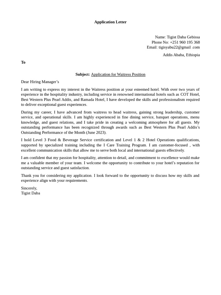 Application Letter Tigist - Daba | PDF