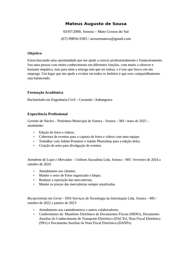 Currículo - Mateus Augusto de Sousa - 2025 | PDF
