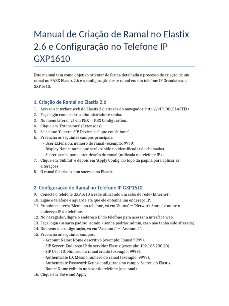 Manual Ramal Elastix Gxp1610 | PDF