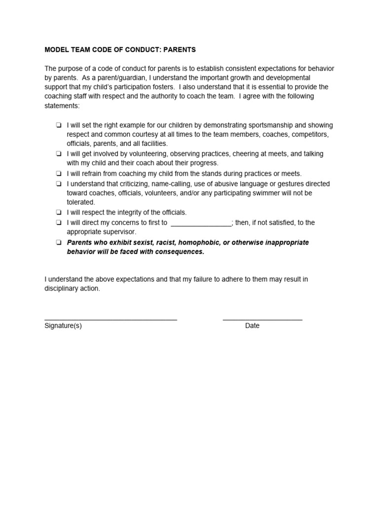 Parent Code of Conduct for Sports Teams | PDF