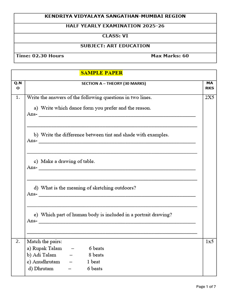 Class 6 Art Edu HY Sample Que Paper 2025-26 | PDF | Artistic Techniques ...