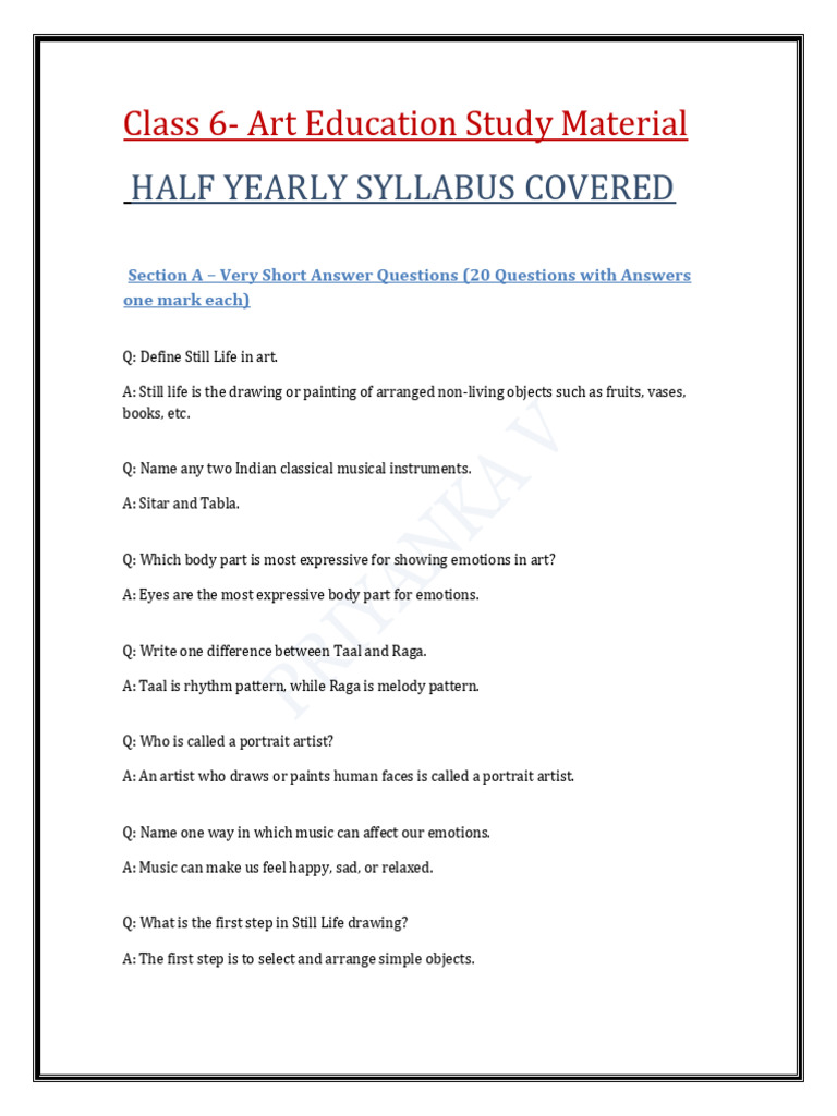 Class 6 Art Education Sstudy Material Hy | PDF | Drawing | Still Life