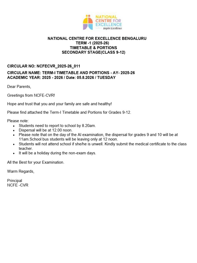 NCFE CVR-(2025-26)-Term-I Time Table Portions -Examination | PDF ...