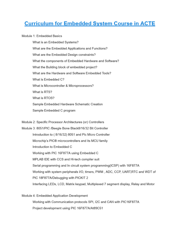 Curriculum For Embedded System Course in ACTE | PDF | Embedded System ...