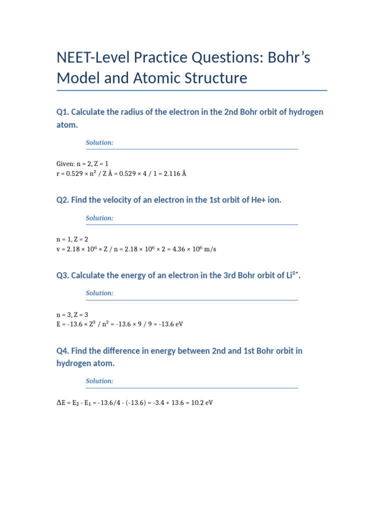 NEET_Bohr_Model_Practice_Questions | PDF | Electron | Radiation