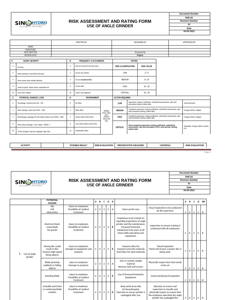 Angle Grinder Risk Assessment Form | PDF | Occupational Safety And ...
