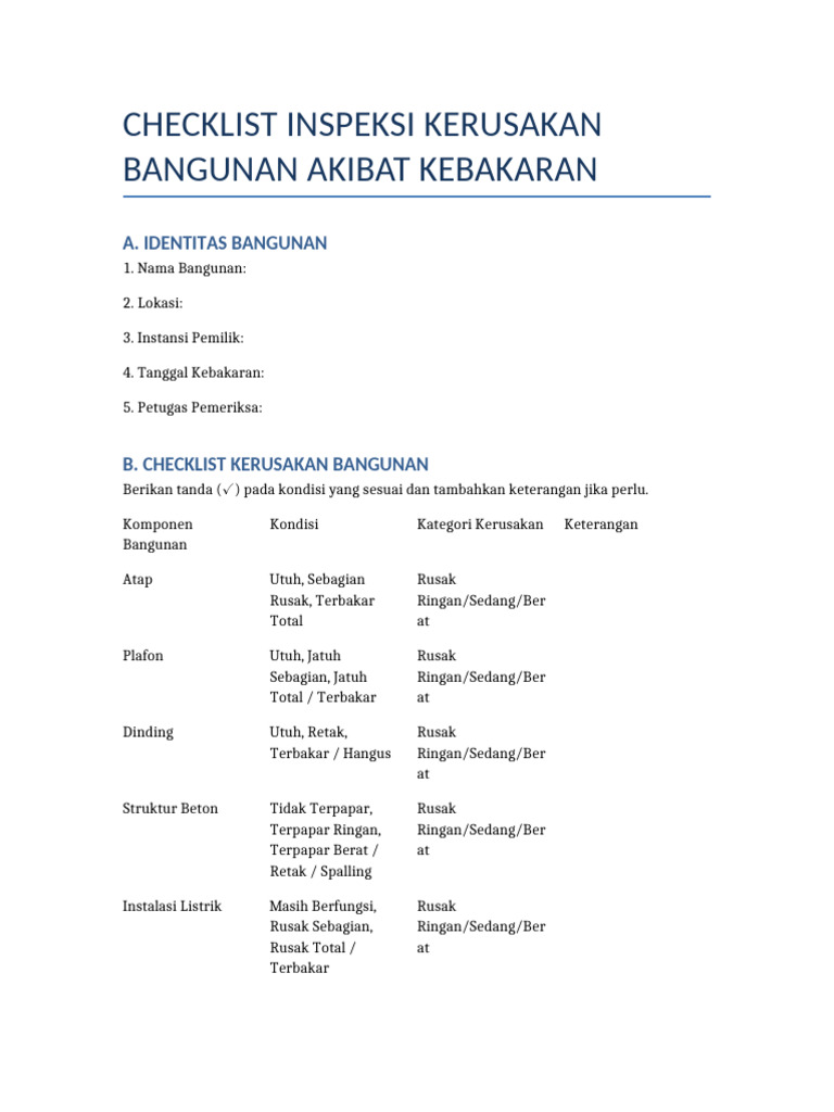 Checklist Inspeksi Kerusakan Kebakaran | PDF
