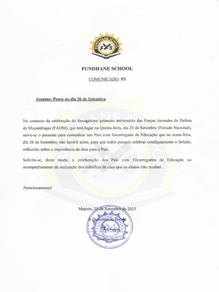 Fundhane School - Comunicado - Feriado Nacional | PDF