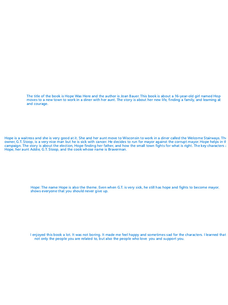 Summer HW Pack: Book Review Worksheet: Book: Hope Was Here by Joan ...