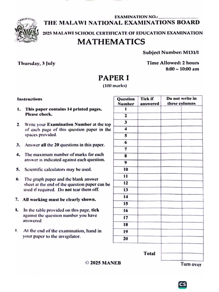 MSCE Maths Paper I 2025 | PDF