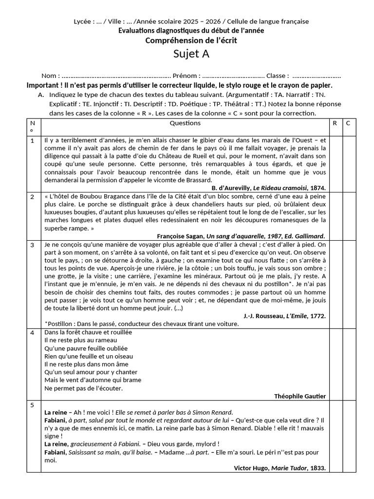 Évaluations diagnostiques de français 2025-2026 | PDF