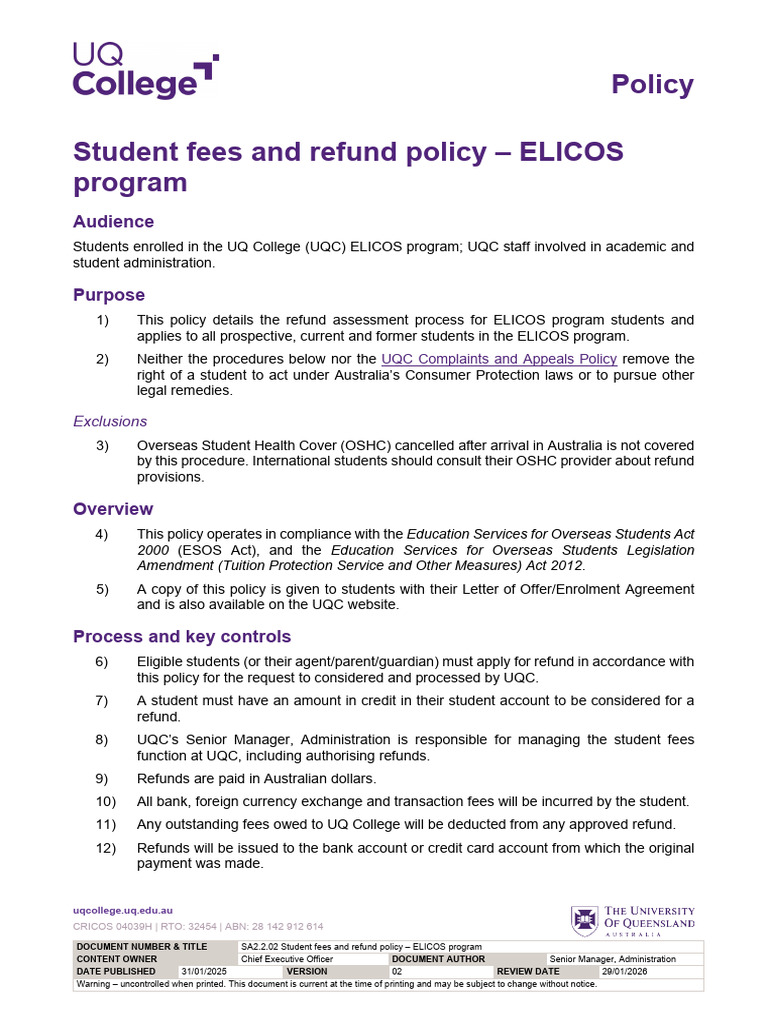 SA2!2!02 Student Fees and Refund Policy - ELICOS Program | PDF