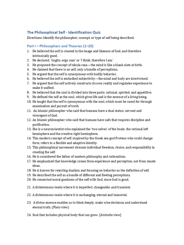 Philosophical Self Identification Quiz | PDF | Philosophy Of Self | Soul