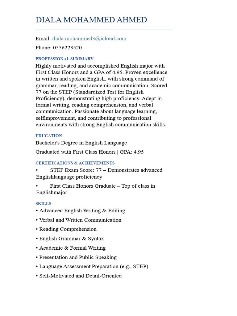 Diala Mohammed Ahmed: Professional Summary | PDF