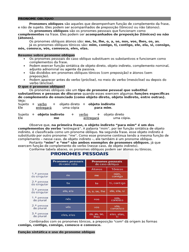 Pronome Oblíquo | PDF | Pronome | Relações sintáticas