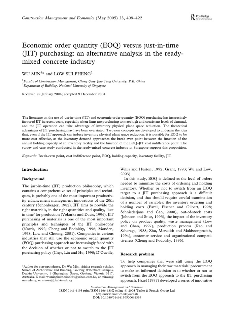 Economic Order Quantity EOQ Versus Just in Time JIT Purchasing An ...