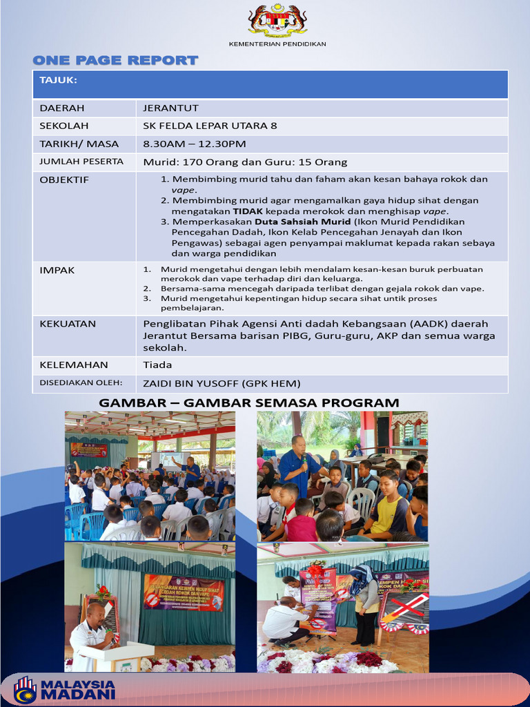 One Page Report - SK Felda Lepar Utara 8 | PDF