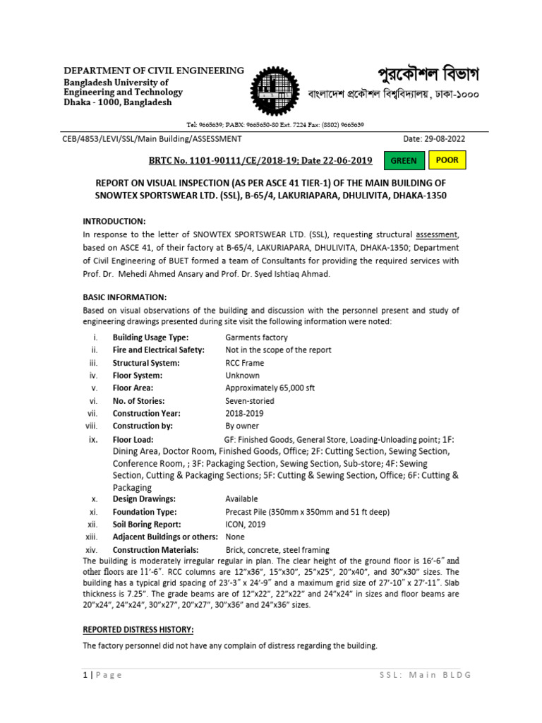 Levi's Report - BUET - SSL Building-1 Main Building | PDF | Earthquakes ...