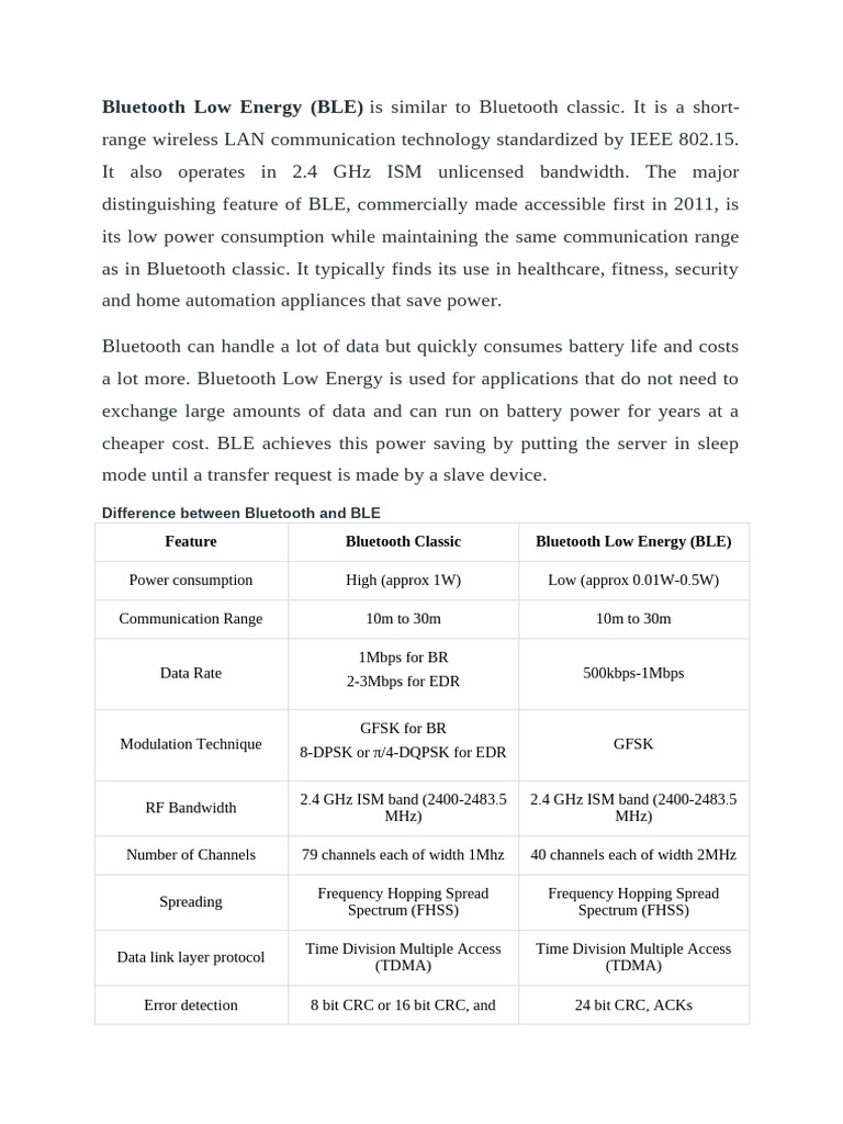 Feature Bluetooth Classic Bluetooth Low Energy (BLE) | PDF
