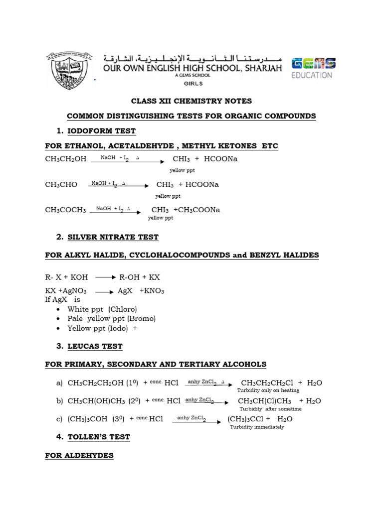 Organic Compound Tests for Class XII | PDF | Amine | Aldehyde