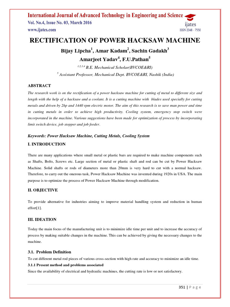 Rectification of Power Hacksaw Machine | PDF | Manufactured Goods ...
