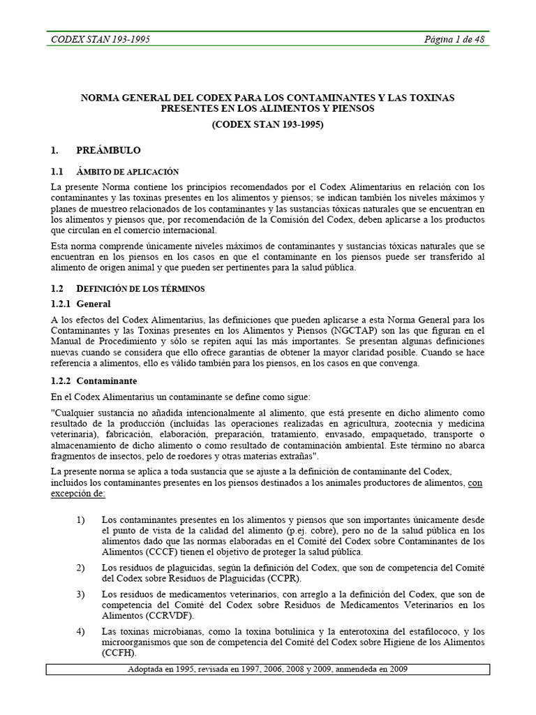 Codex Stan 193-2995 Norma General Del Codex Para Los Contaminantes y ...