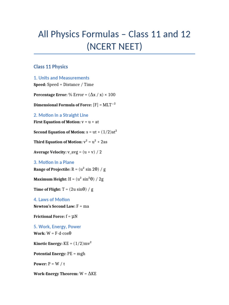 NCERT Class11 12 Physics Formulas Complete | PDF | Force | Equations Of Motion