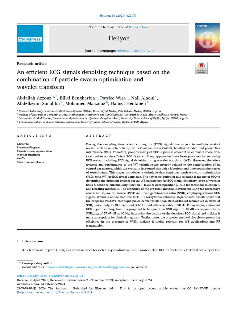 An Efficient ECG Signals Denoising Technique Based on the Combination of Swarn Particle | PDF ...