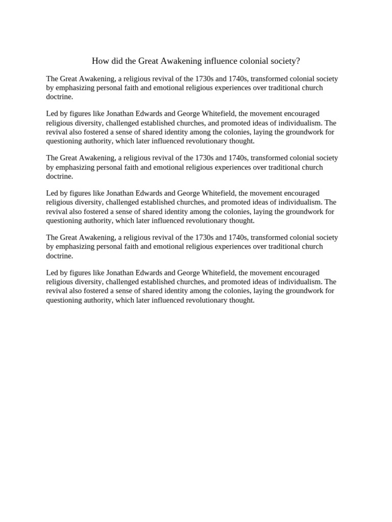 How Did The Great Awakening Influence Colonial Society - Test | PDF
