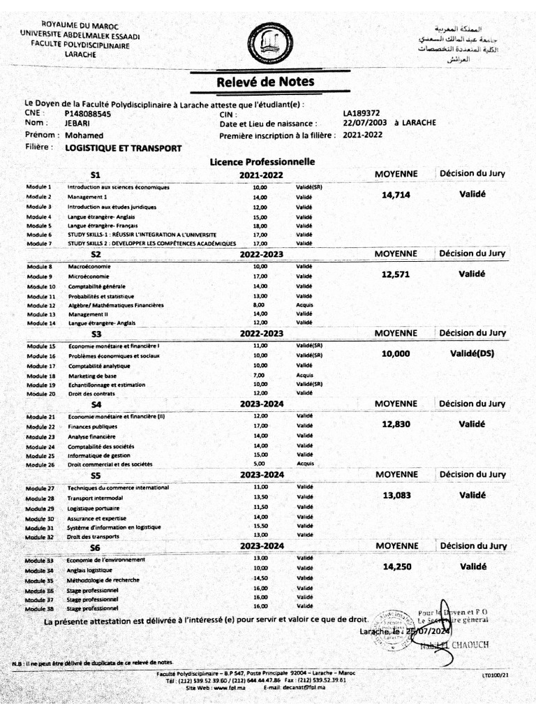 Relevé de Notes Licence | PDF