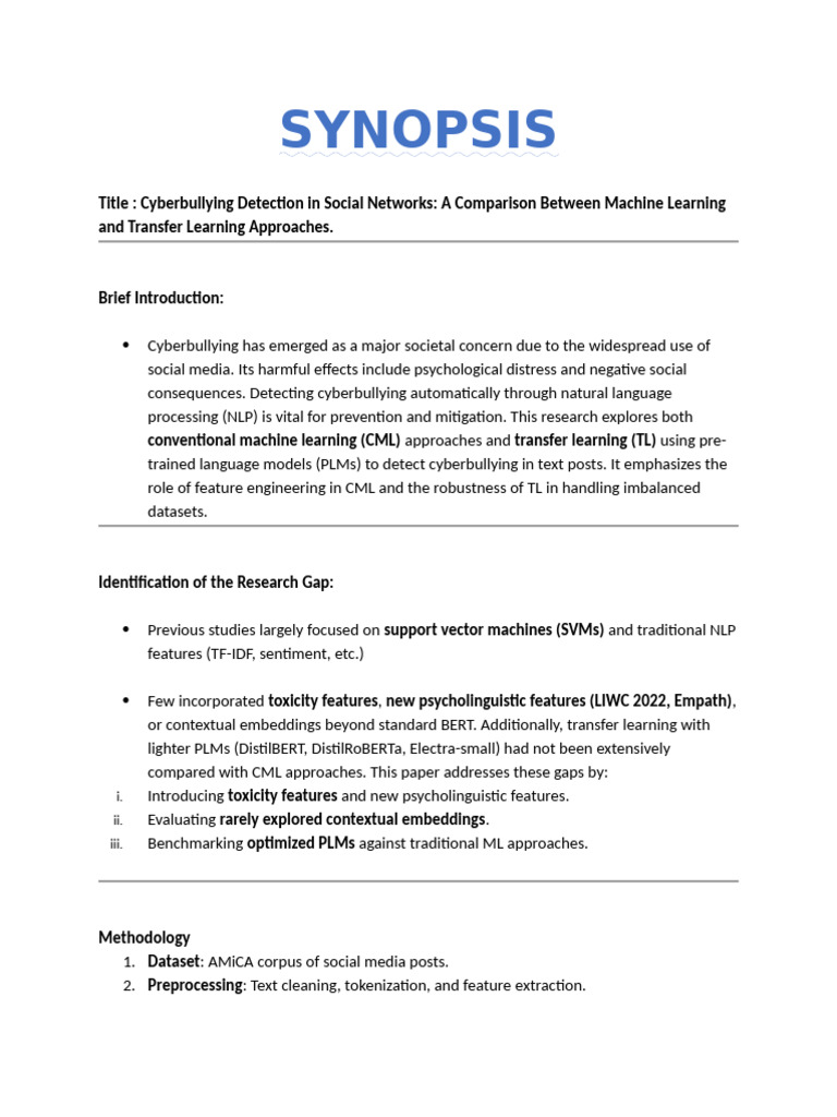 Synopsis 1 | PDF | Machine Learning | Cyberbullying