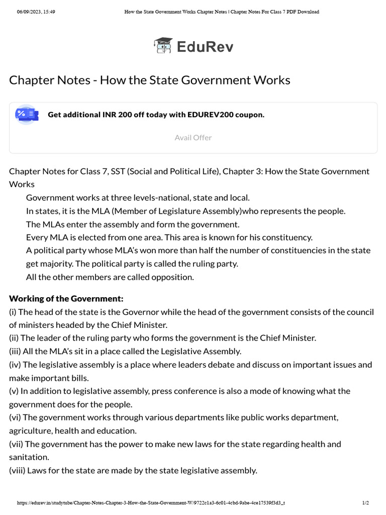 Class 7 Notes on State Government | PDF | Governance | Public Law