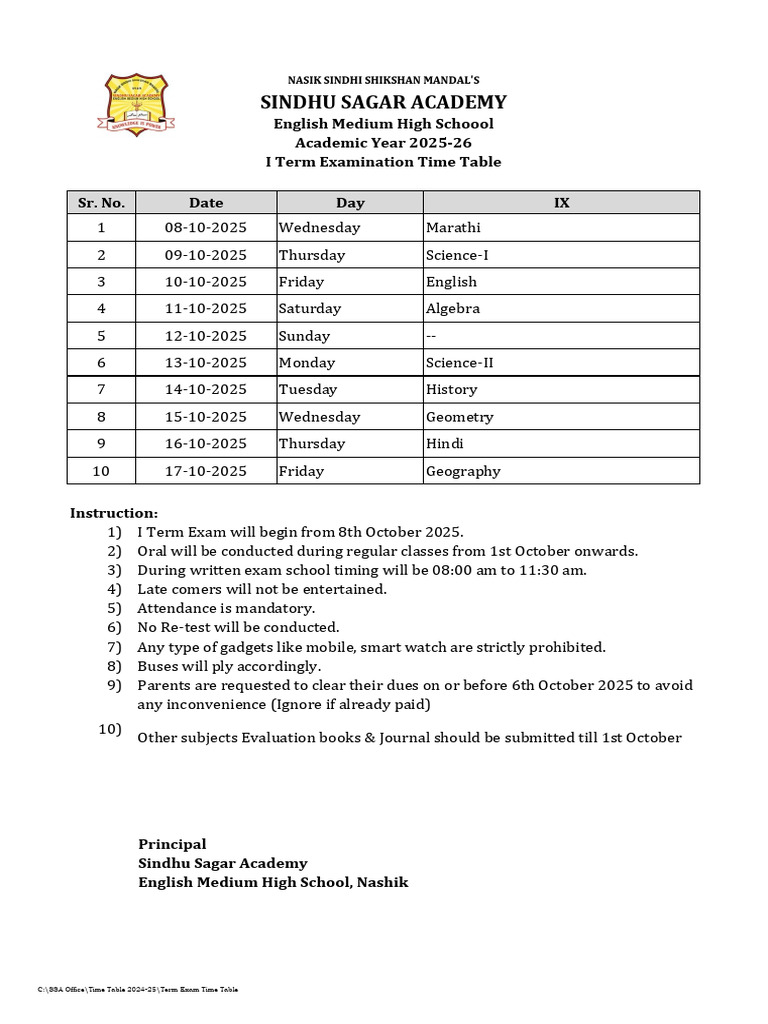 9th Class I Term Exam Timetable 2025 | PDF