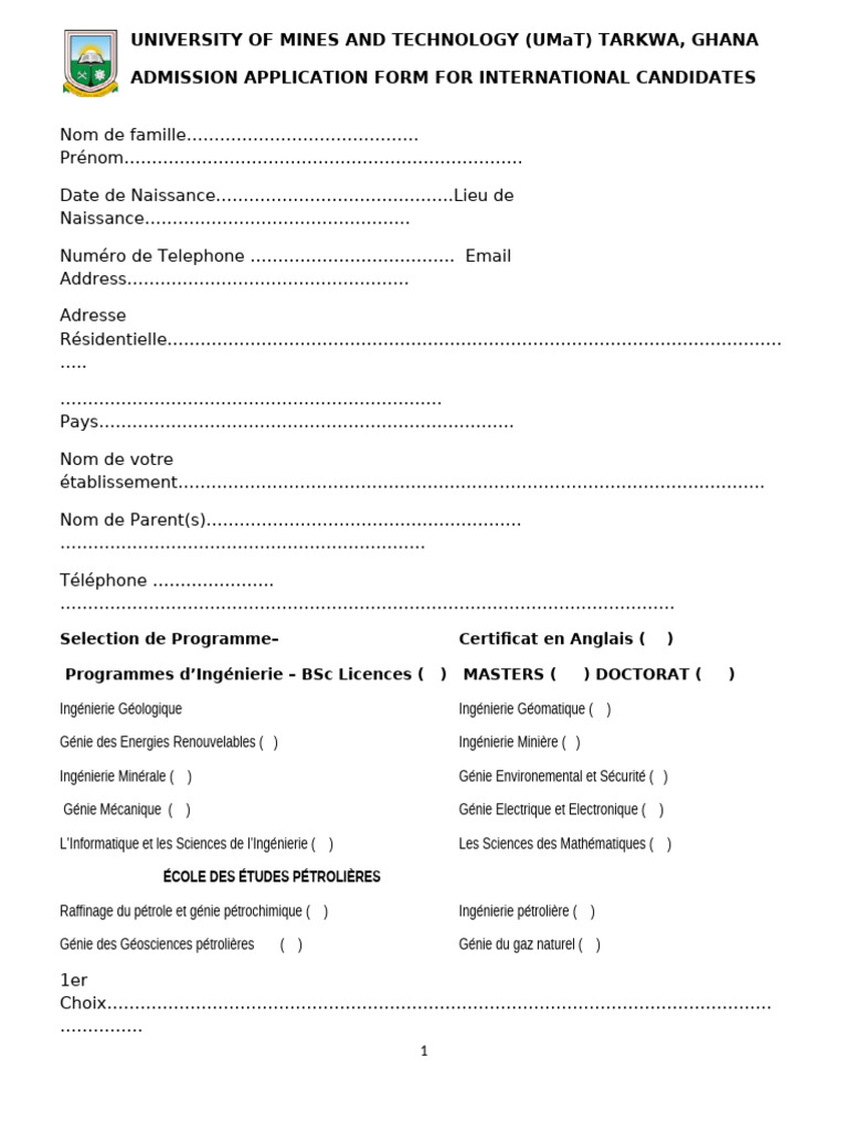 Formulaire d'Admission UMaT 2025/2026 | PDF