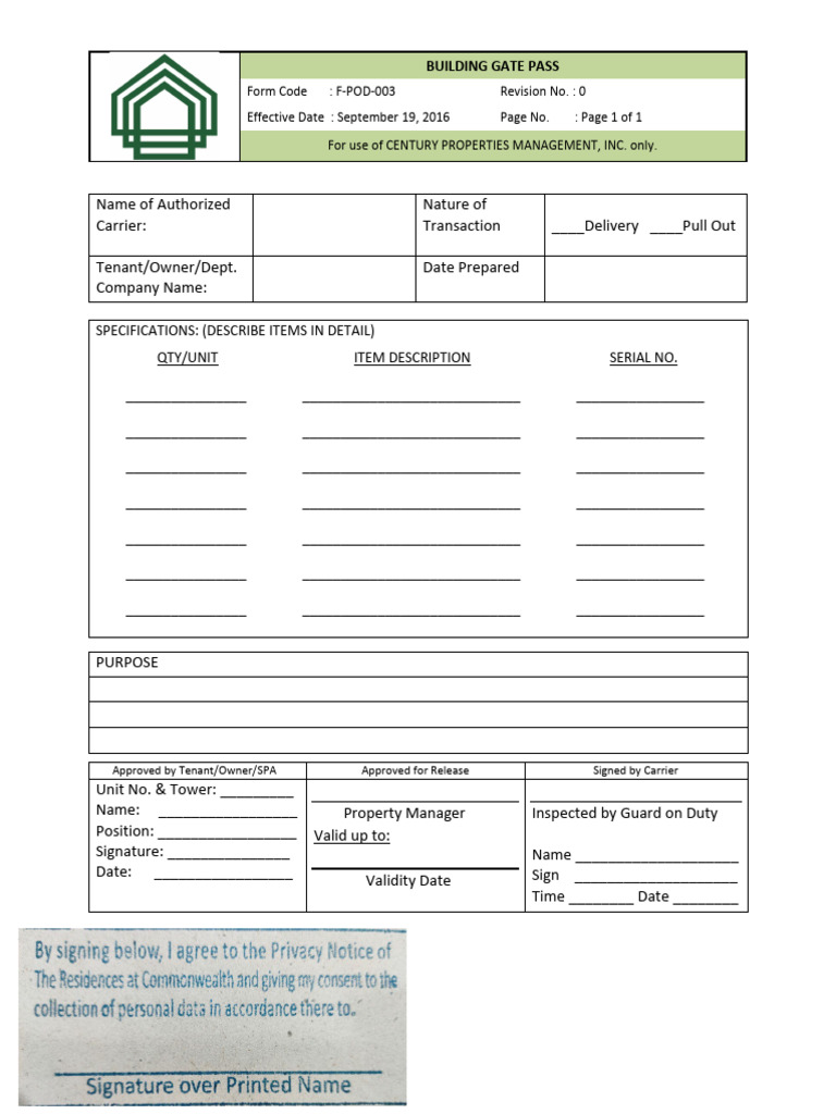 F-POD-003 Building Gate Pass | PDF