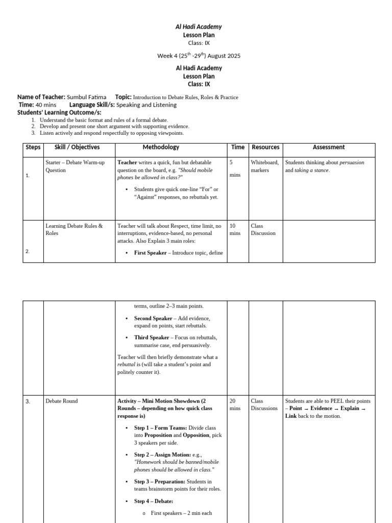 IX Class Lesson Plans: Debate & Narrative Writing | PDF | Grammatical ...