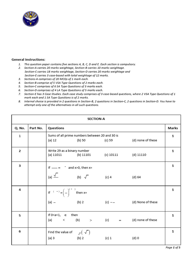 Term-I QN Paper XI Applied Mathematics 2024-25-1 | PDF | Chess Theory | Chess