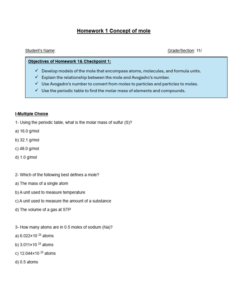H.W 1 Grade 11 Chemistry Concept of Mole | PDF | Mole (Unit) | Atoms