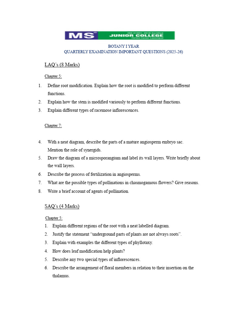 JR Botany List of Imp Questions-Qe-1 | PDF | Flowers | Sexual Reproduction