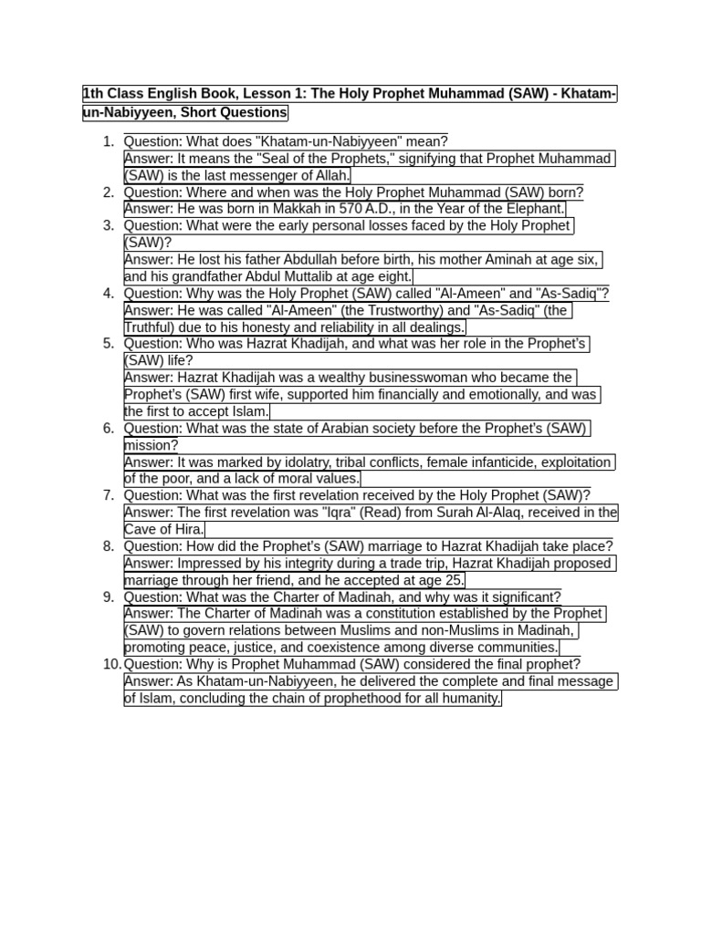 English Lesson 1 Short Questions | PDF