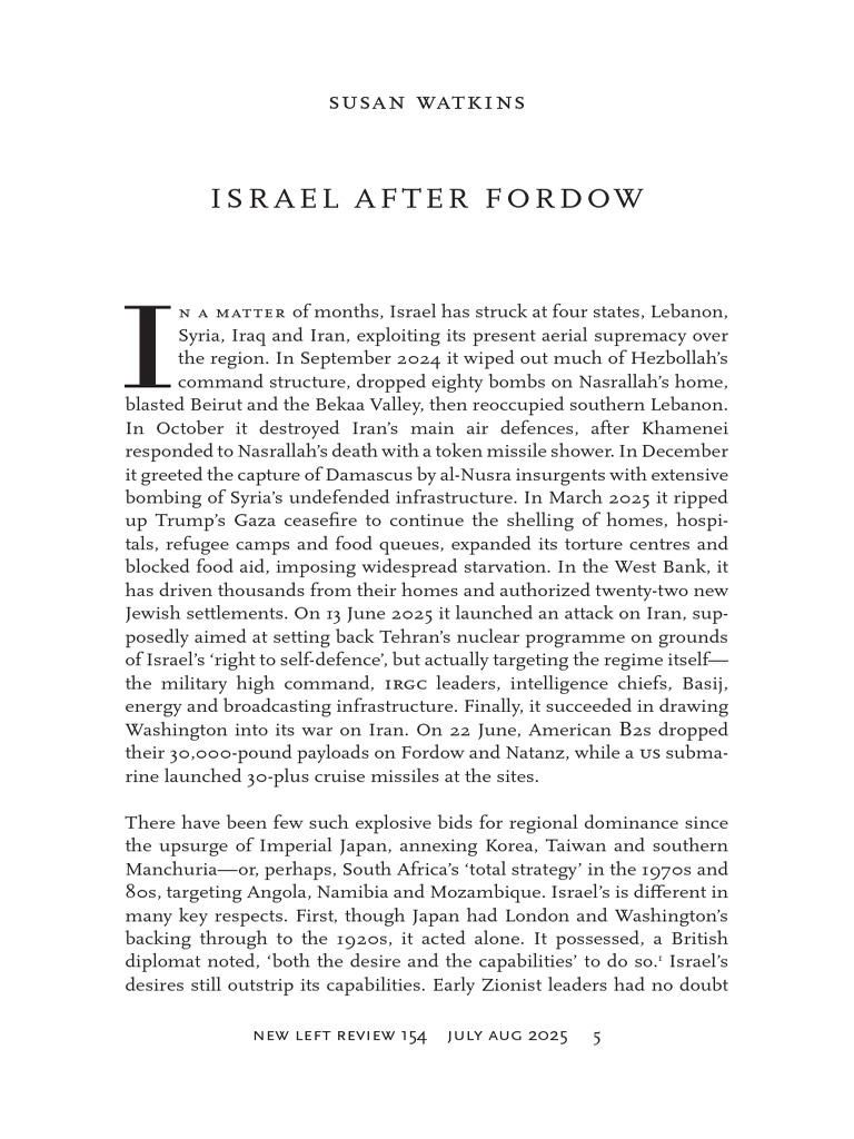 Susan Watkins, Israel After Fordow, NLR 154, July August 2025 | PDF ...