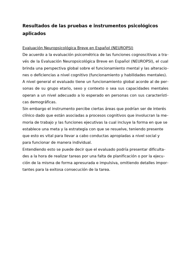 Resultados de Las Pruebas e Instrumentos Psicológicos Aplicados | PDF