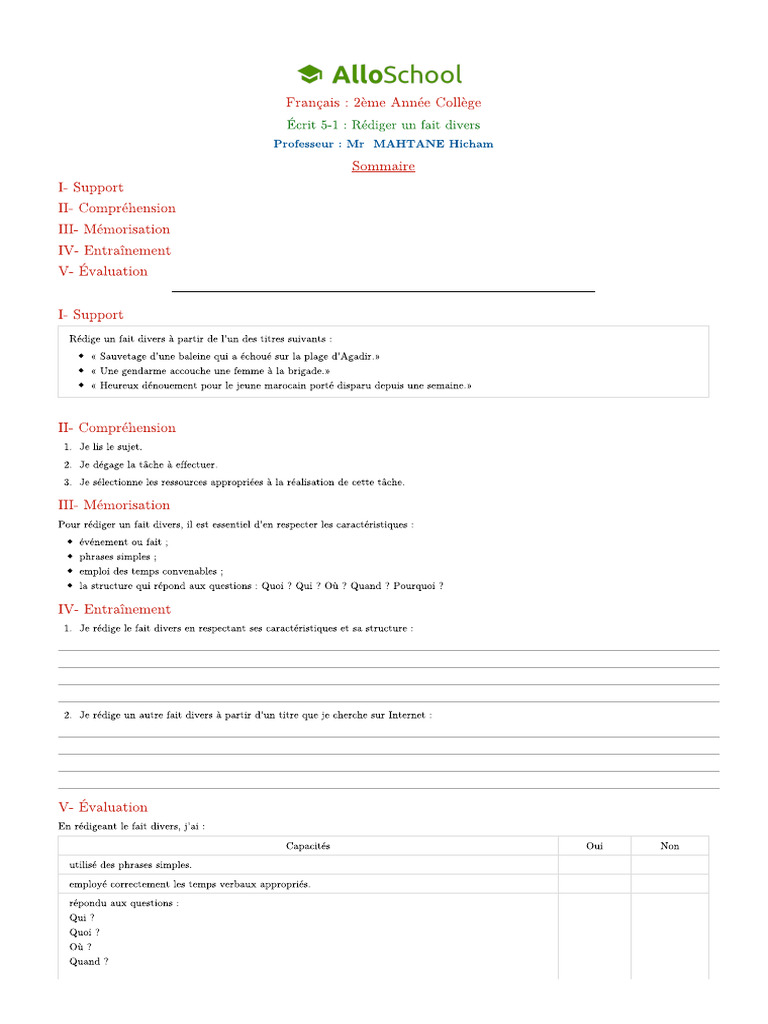 Ecrit 5 1 Rediger Un Fait Divers 2 | PDF