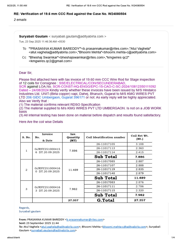 RE - Verification of 19.6 MM CCC Rod Against The Case No. W24080504 | PDF