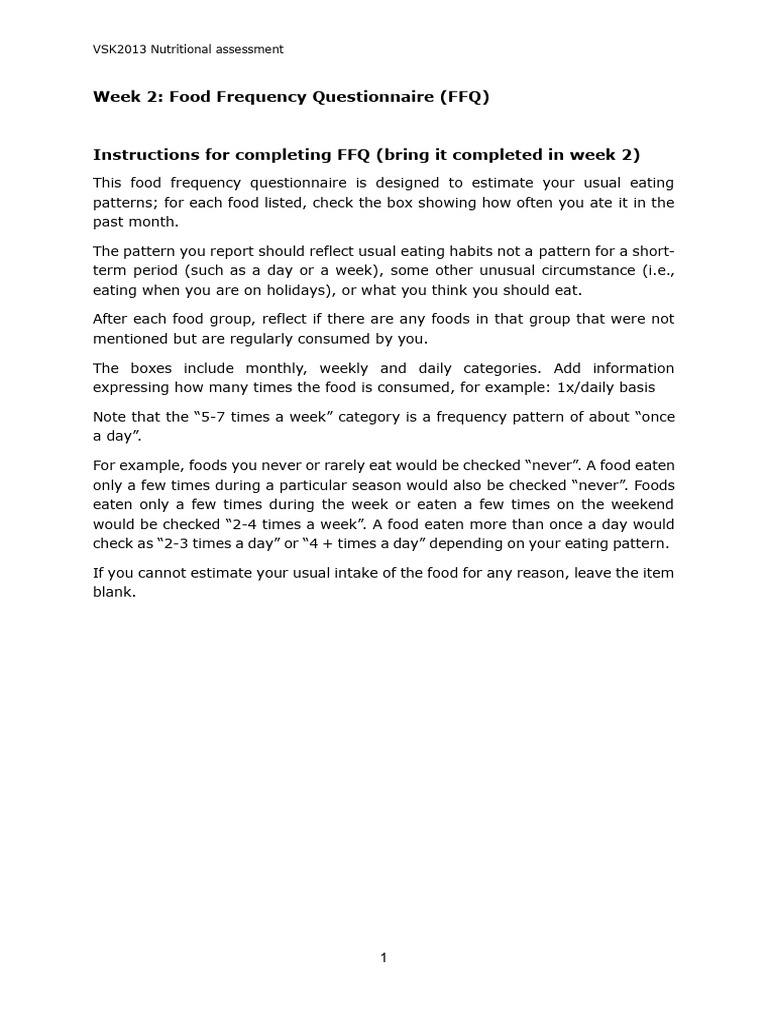 Food Frequency Questionnaire Week 2 | PDF | Fruit | Food And Drink ...